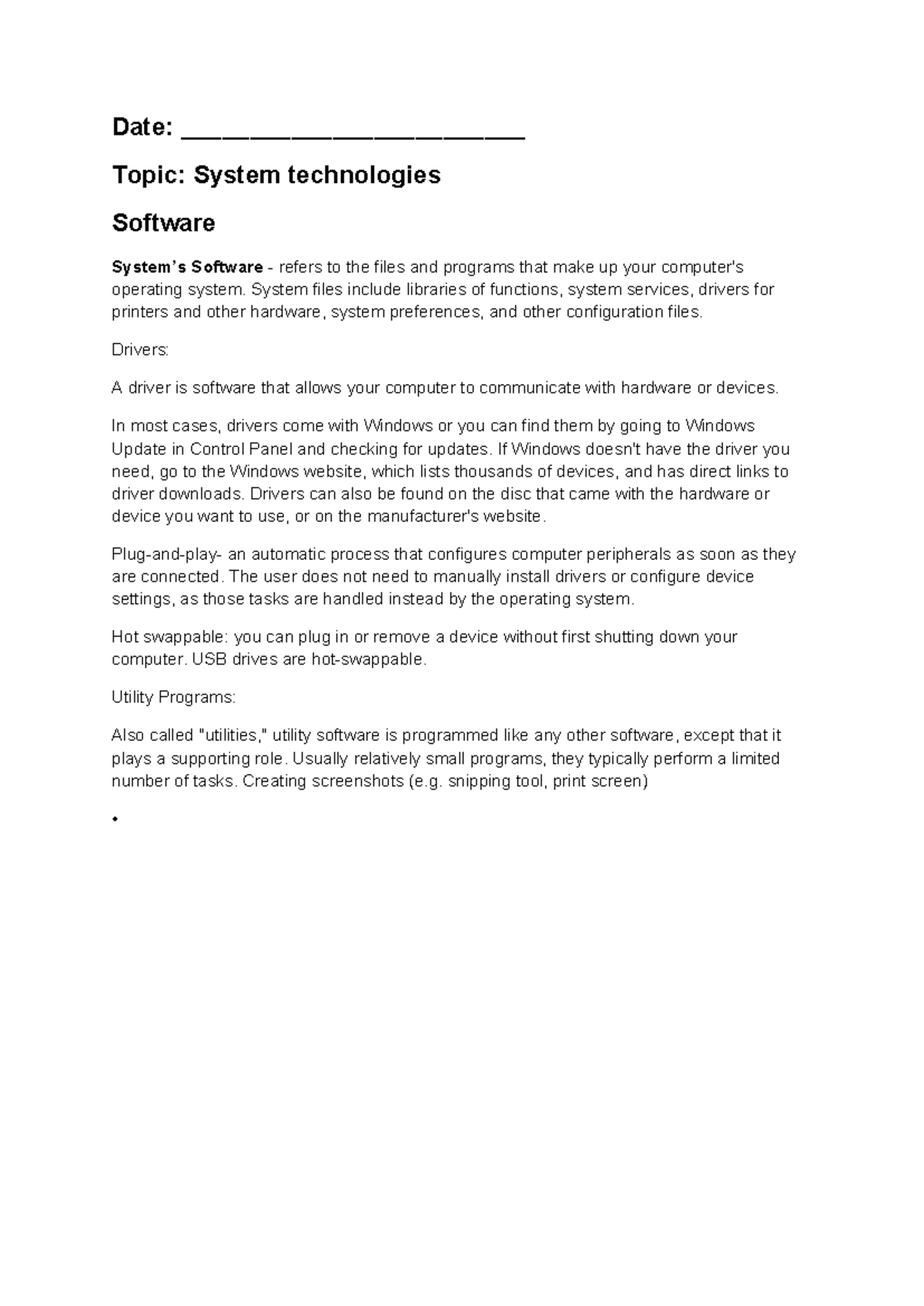 Software Part 2 - Date: _________________________ Topic: System ...