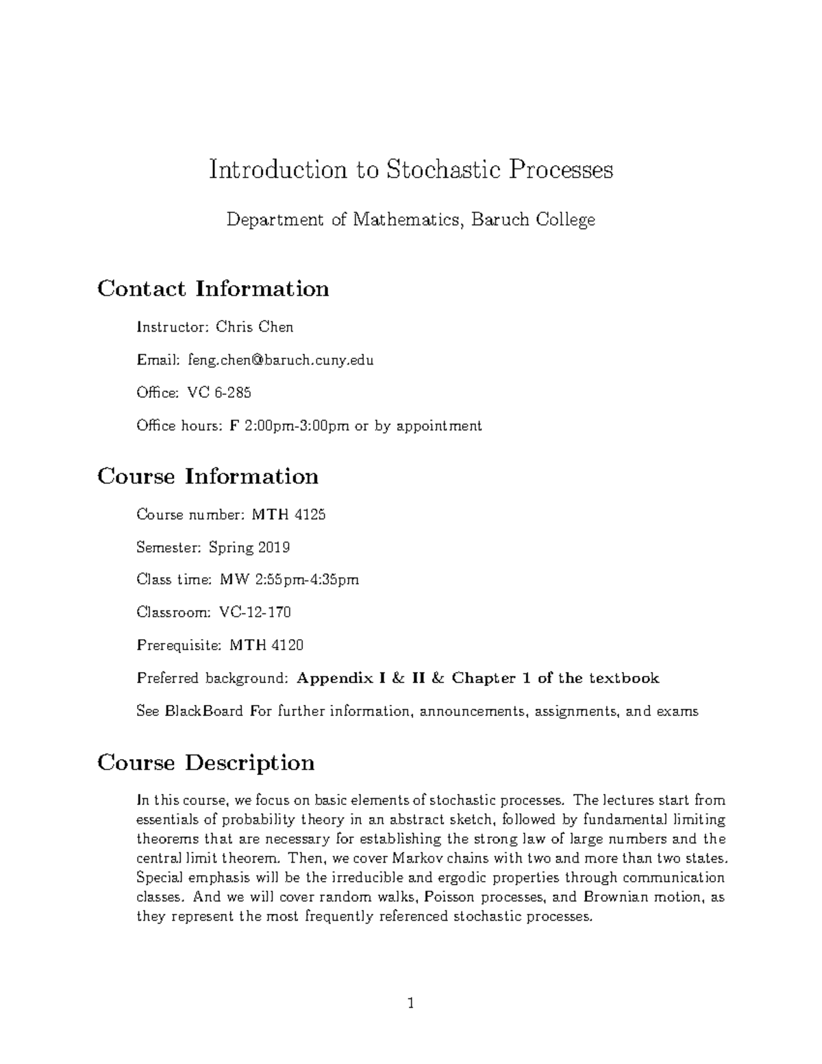 Syllabus Mth4125 Syllabus Introduction To Stochastic Processes Department Of Mathematics