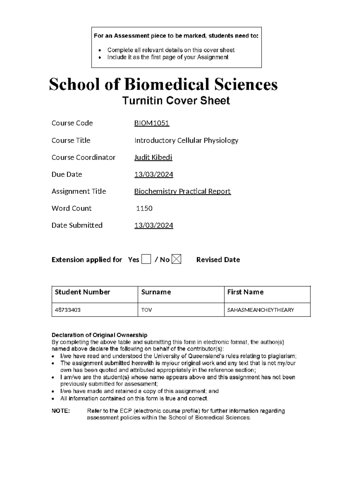 BIOM1051 Biochemistry Practical Worksheet - Course Code BIOM Course ...