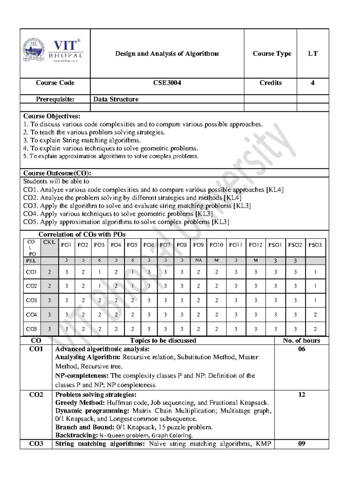 CSE3004 Design-AND- Analysis-OF- Algorithms LT 2.0 36 Design and Analysis of Algorithms - Design ...