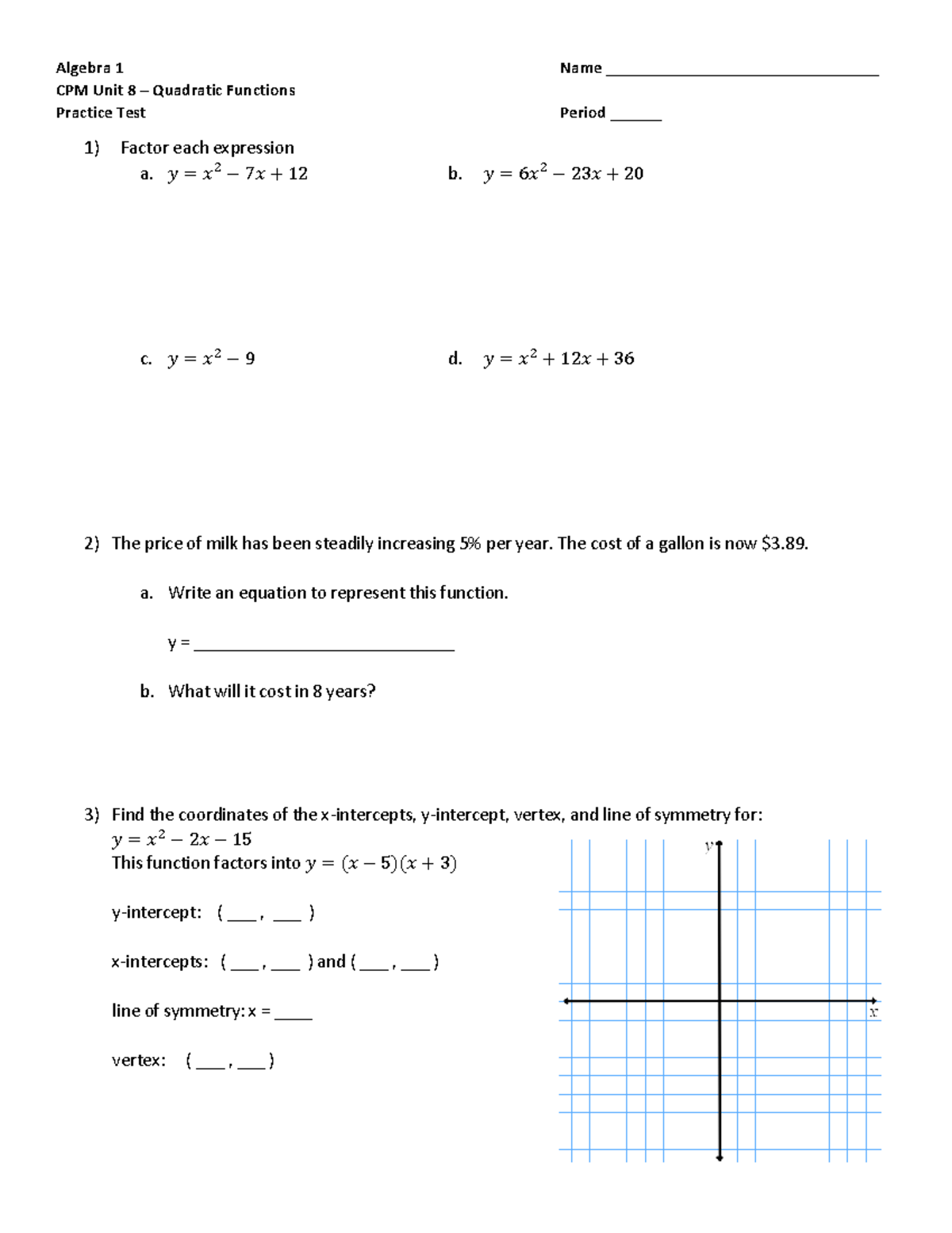 Https:api - Algebra 1CPM Unit 8 – Quadratic Functions Name