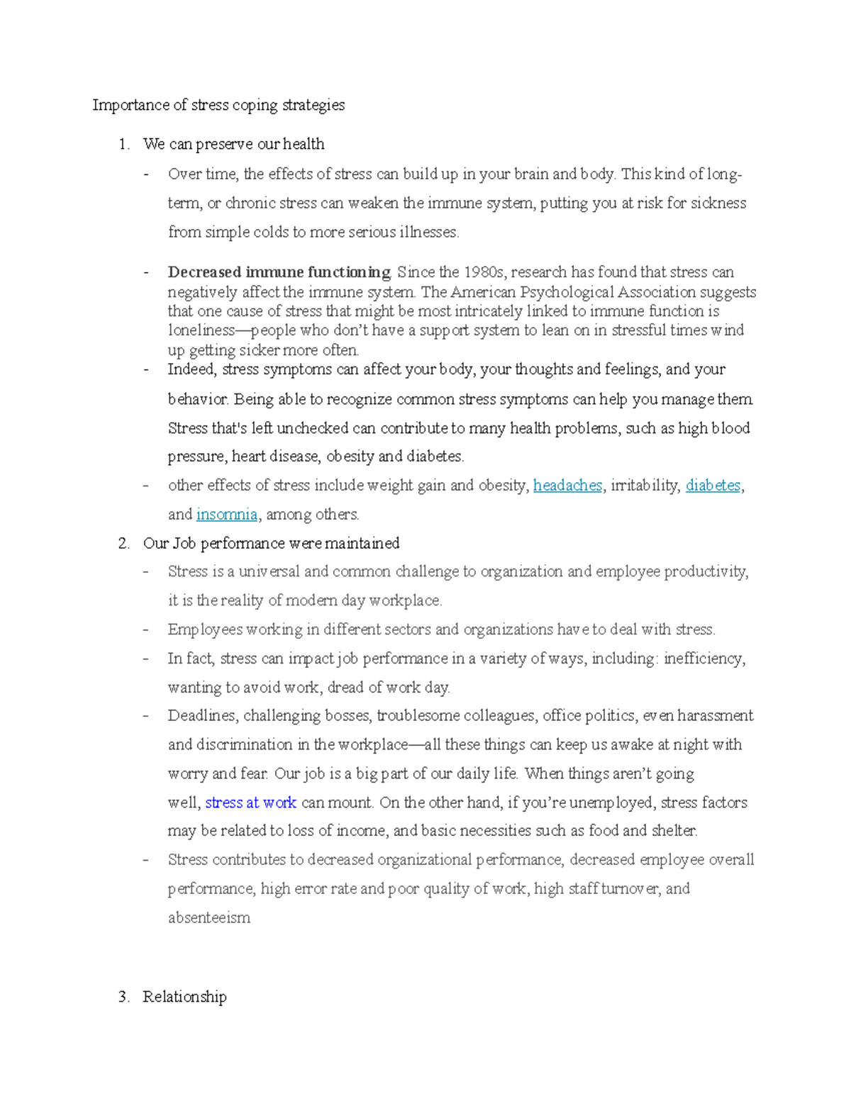 Importance of stress coping strategies - This kind of long- term, or ...