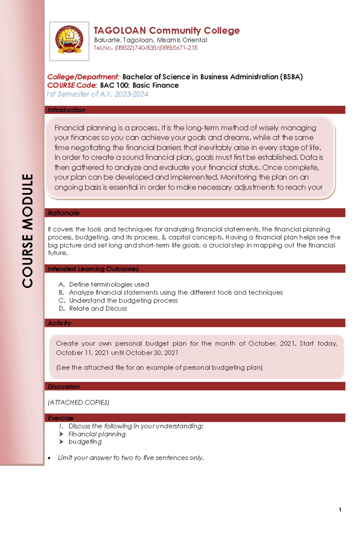 Basic Finance Module 4 Study Course Module College Department