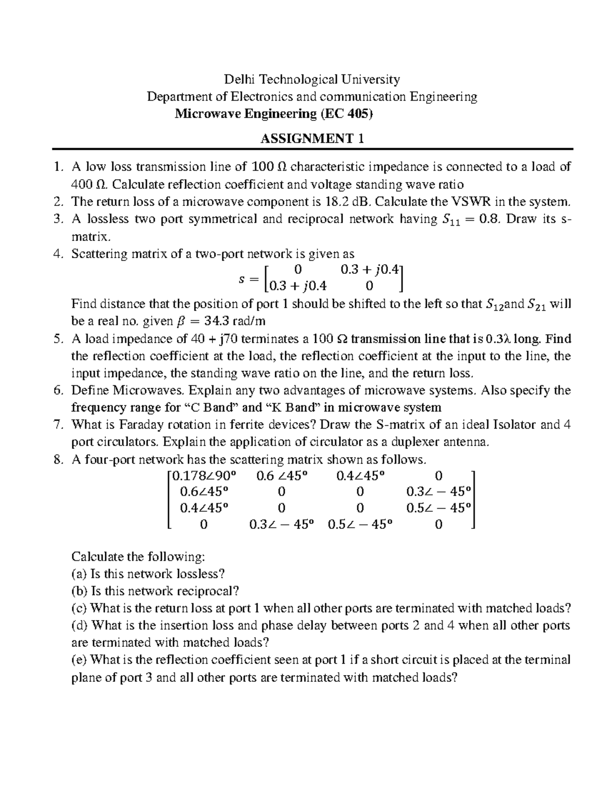 Assignment-1 - Delhi Technological University Department of Electronics and communication - Studocu