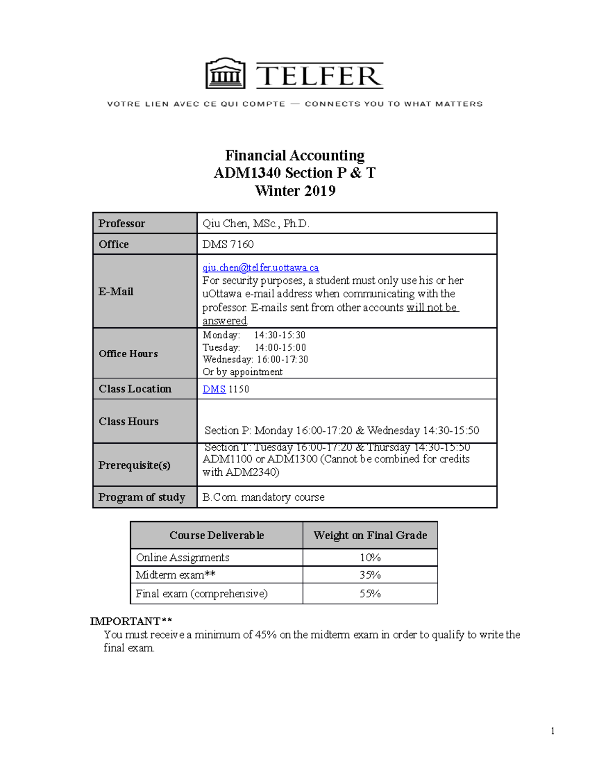 Course outline - ADM 1340 - Section P & T - Financial Accounting ...