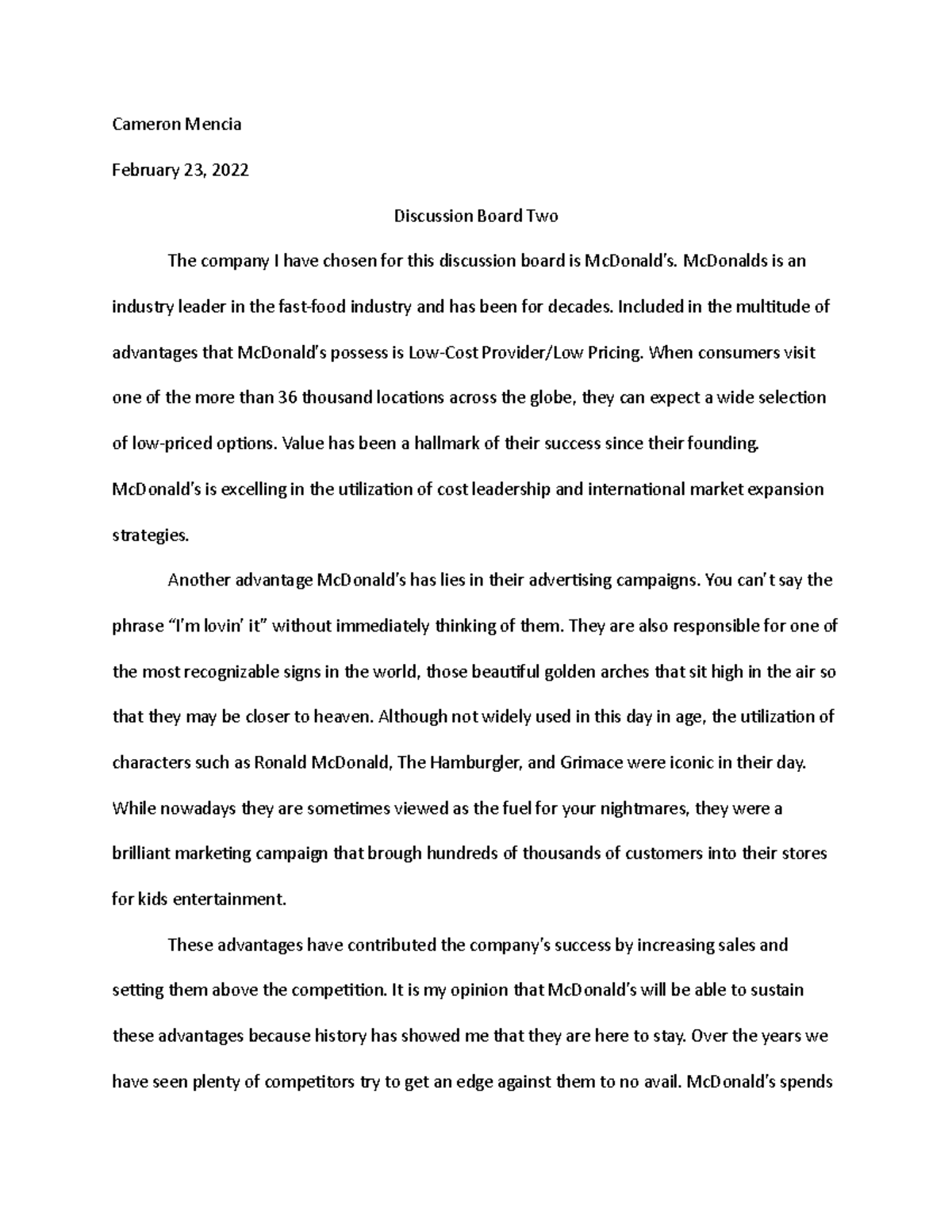 Discussion Board Two - Cameron Mencia February 23, 2022 Discussion ...