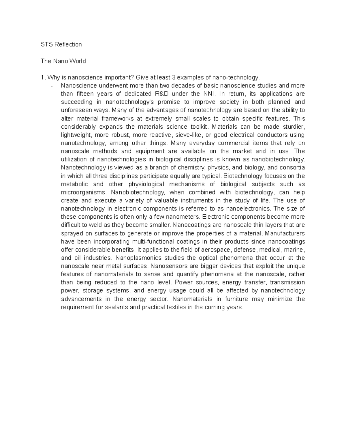 Nanoscitech - A reflection paper. - STS Reflection The Nano World Why ...