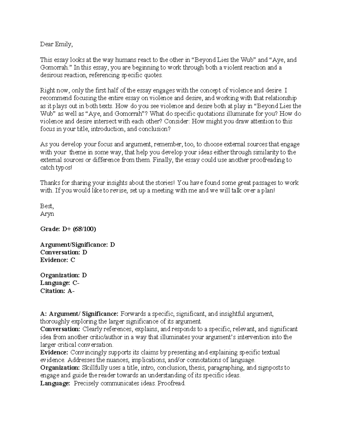 Notes Emily H Grade Explanation - Dear Emily, This essay looks at the ...