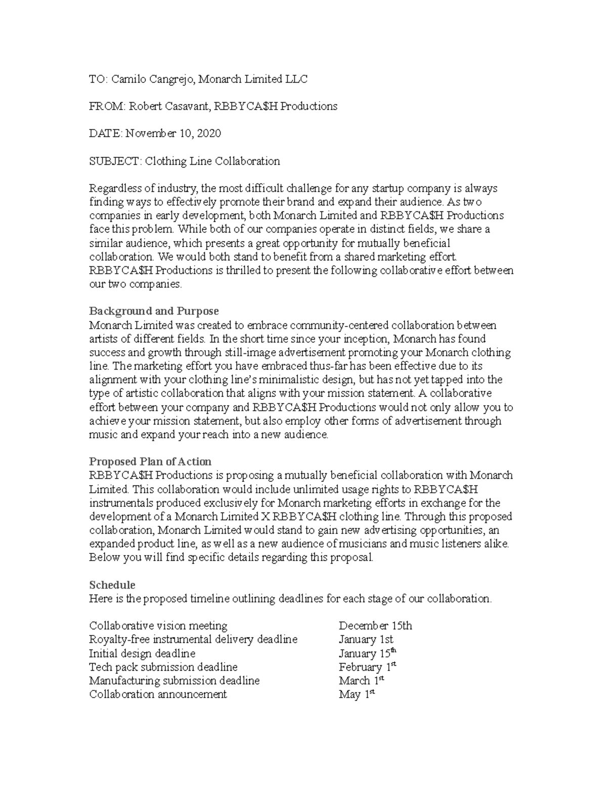 Final Assignment - TO: Camilo Cangrejo, Monarch Limited LLC FROM ...