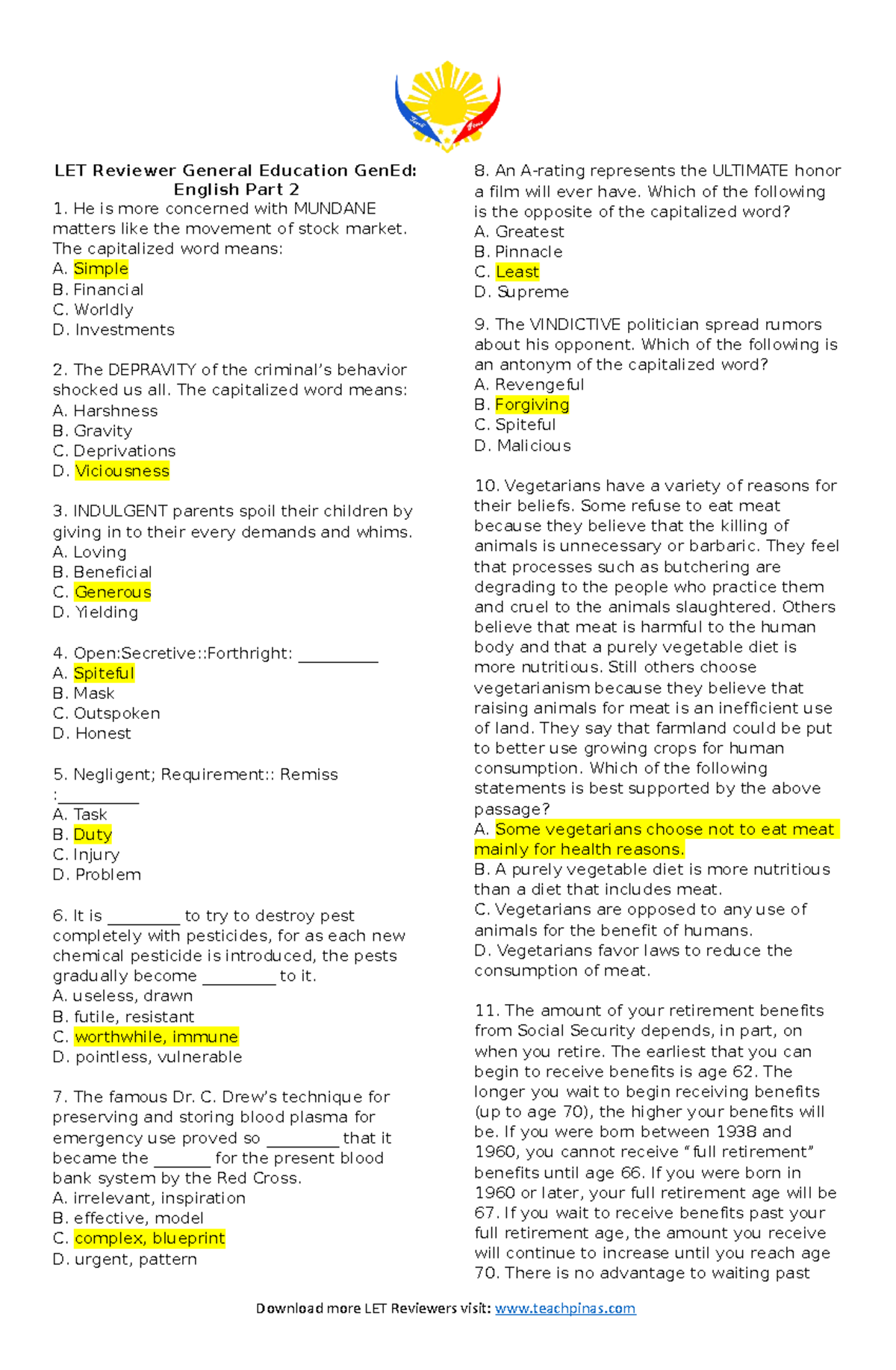 GEN ED English part 2 - LET Reviewer General Education GenEd: English ...