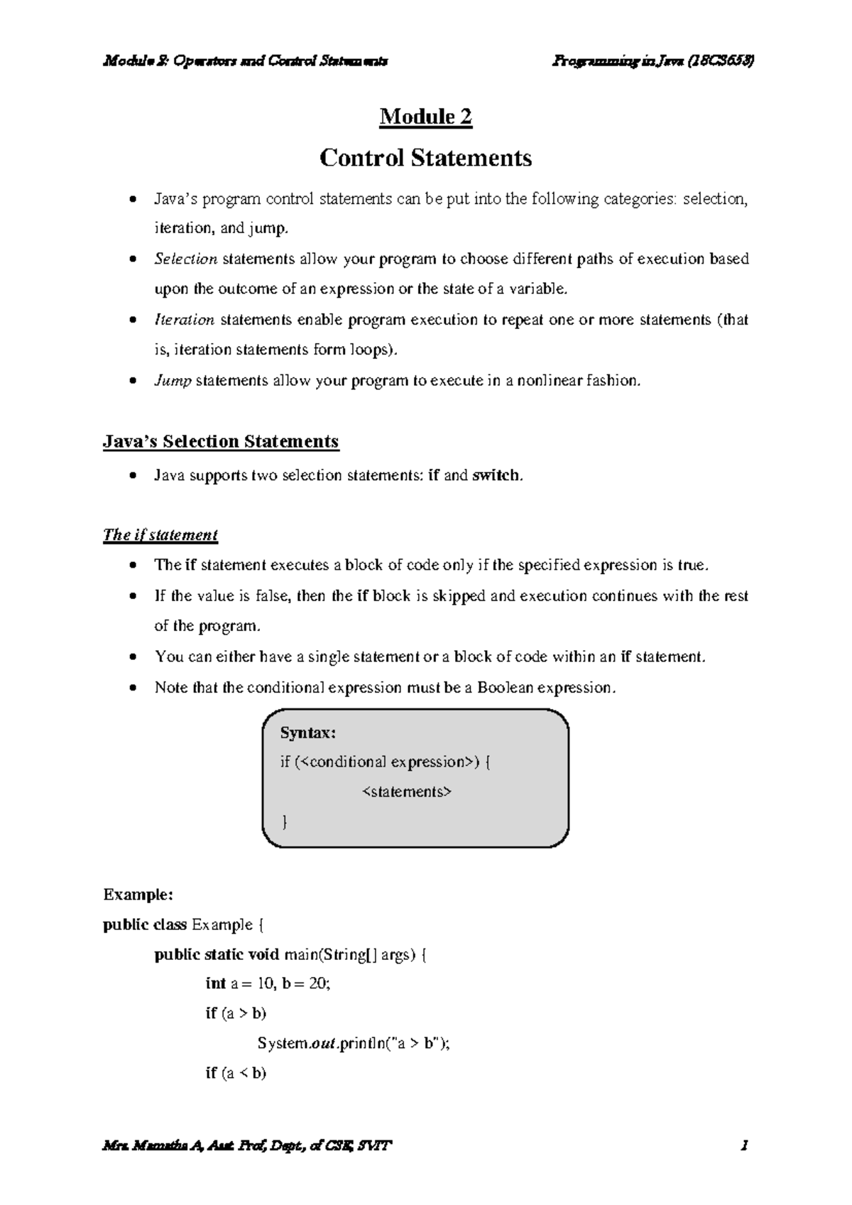 Module II-Control Statements - Module 2 Control Statements Java’s program control statements can ...