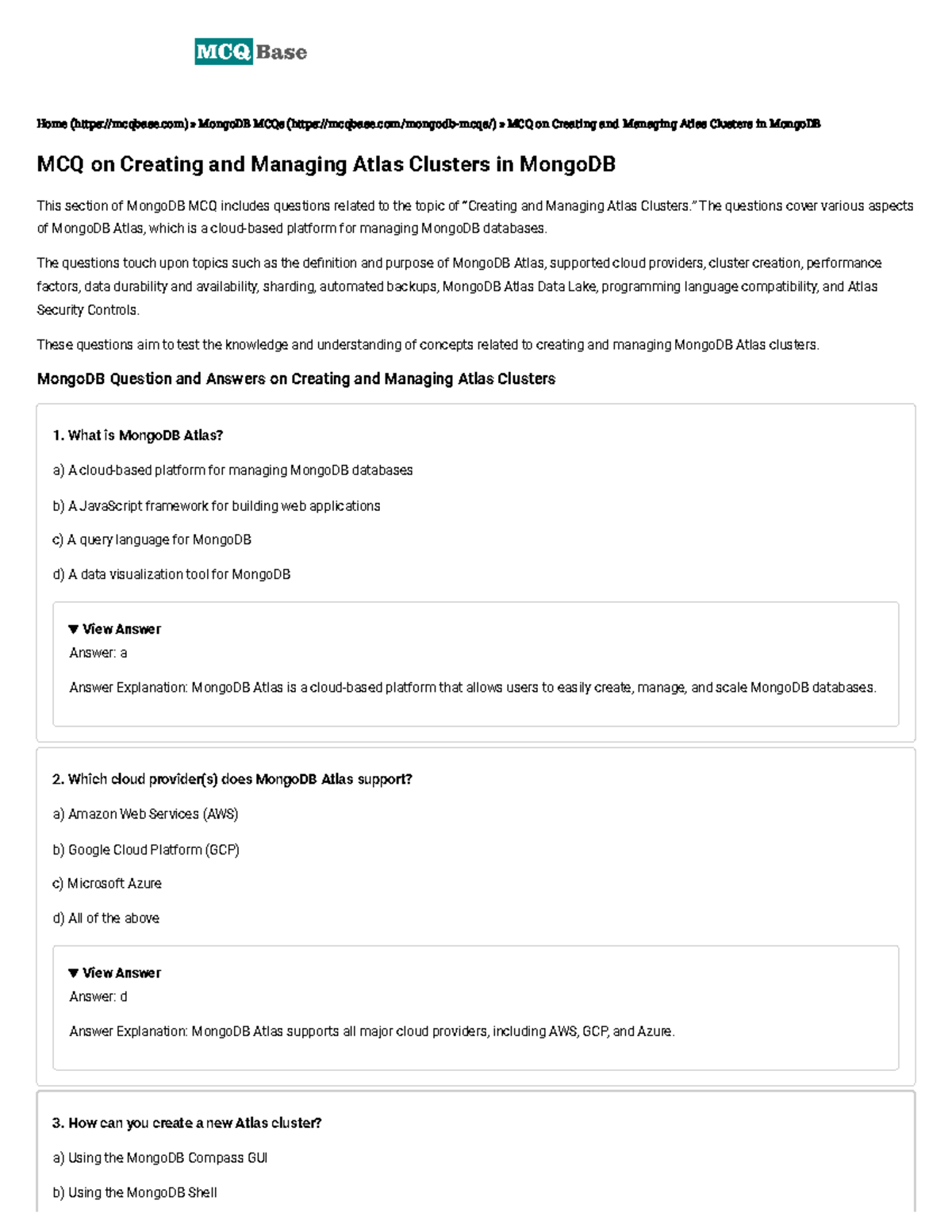 MCQ on Creating and Managing Atlas Clusters in Mongo DB - MCQ Base - Home (mcqbase) » MongoDB ...