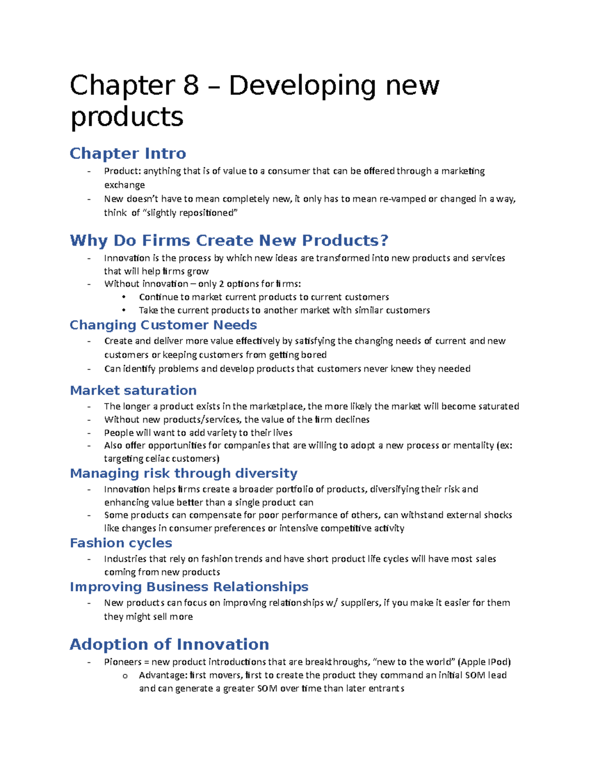 Notes Chapter 8-17 from BU352 Textbook - Chapter 8 – Developing new ...