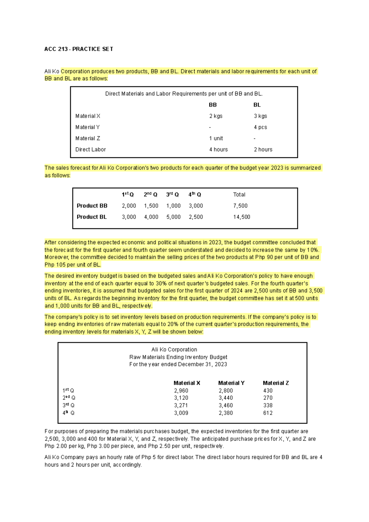 ACC 213 Practice SET - ACC 213 - PRACTICE SET Ali Ko Corporation ...