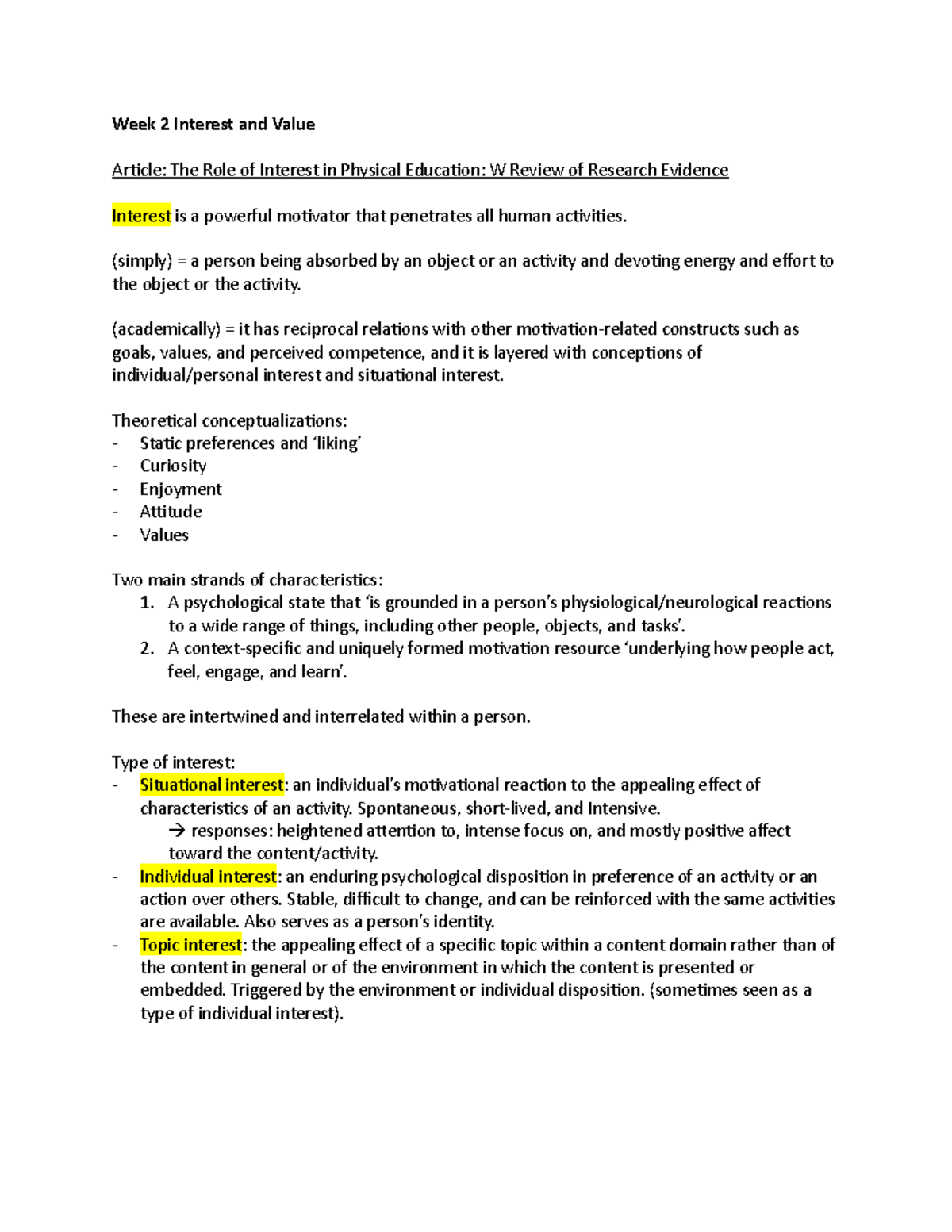 Psychology 2 - Lecture notes 2 - Week 2 Interest and Value Article: The ...
