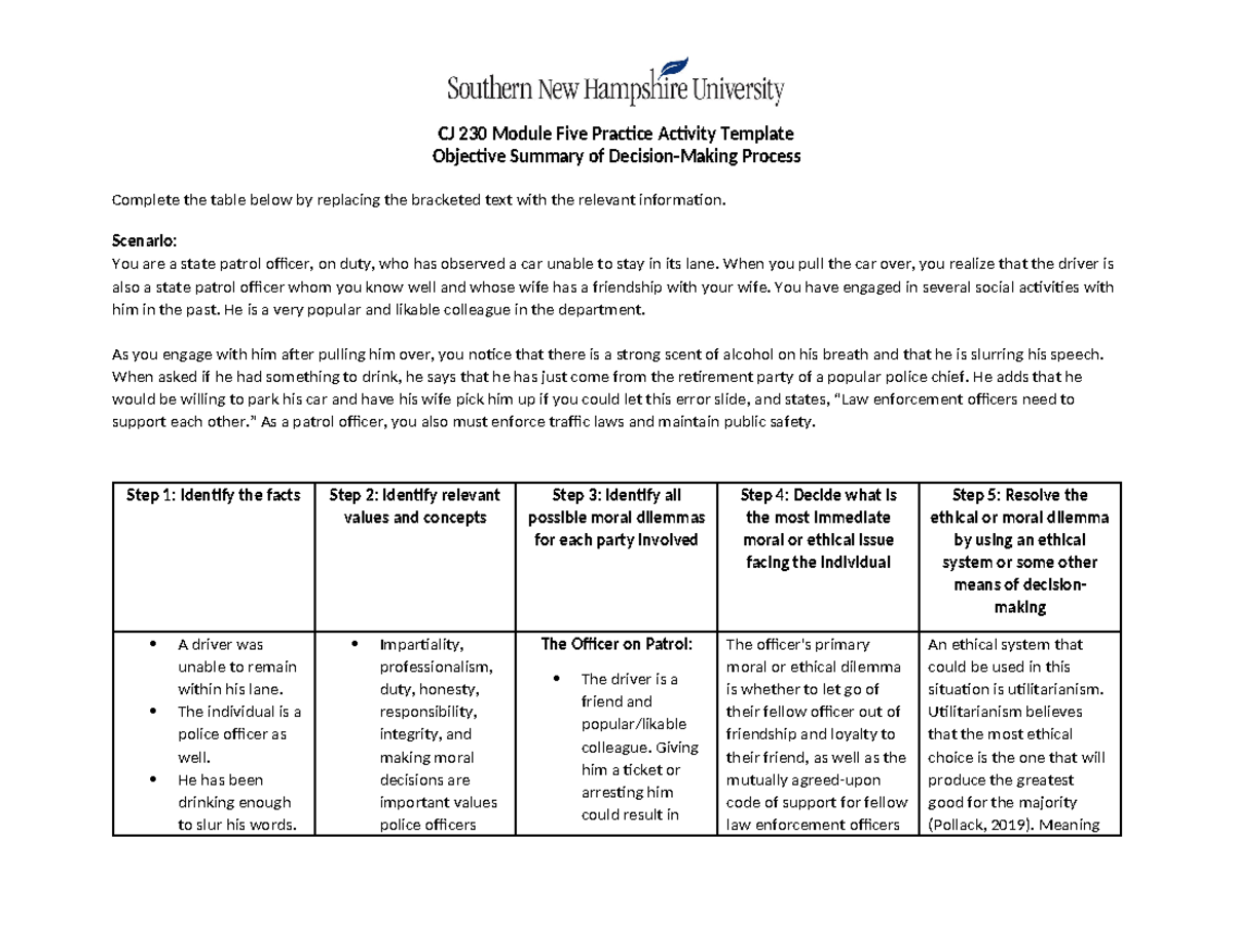 Cj230 M5 Practice Activity Objective Summary - CJ 230 Module Five Practice Activity Template ...