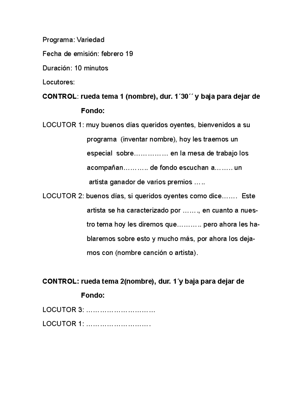 Ejemplo DE Libreto - Programa: Variedad Fecha de emisión: febrero 19 ...