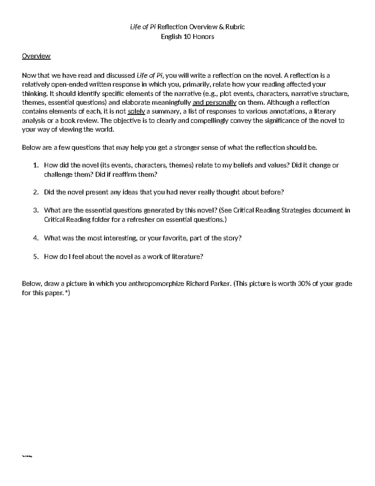 Life+of+Pi+Reflection+Overview+and+Rubric - Life of Pi Reflection ...