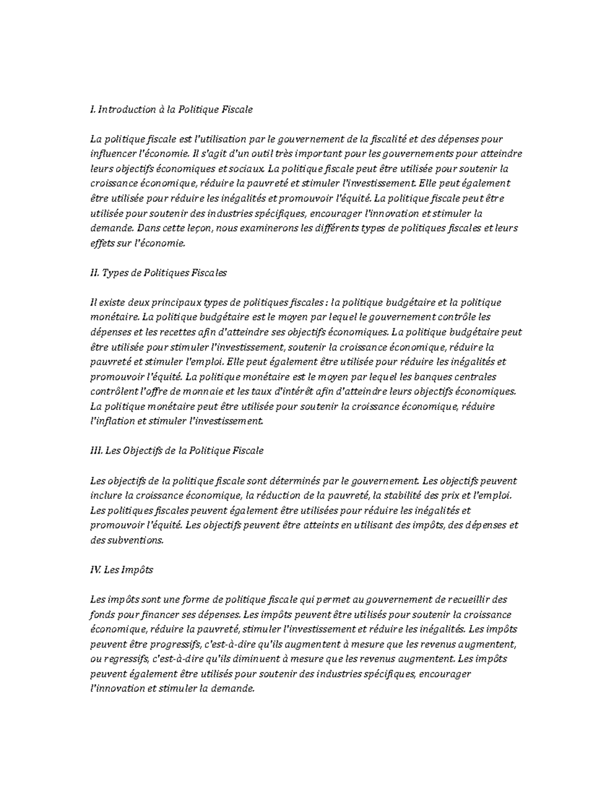 Fiscal Policy note study - I. Introduction à la Politique Fiscale La ...