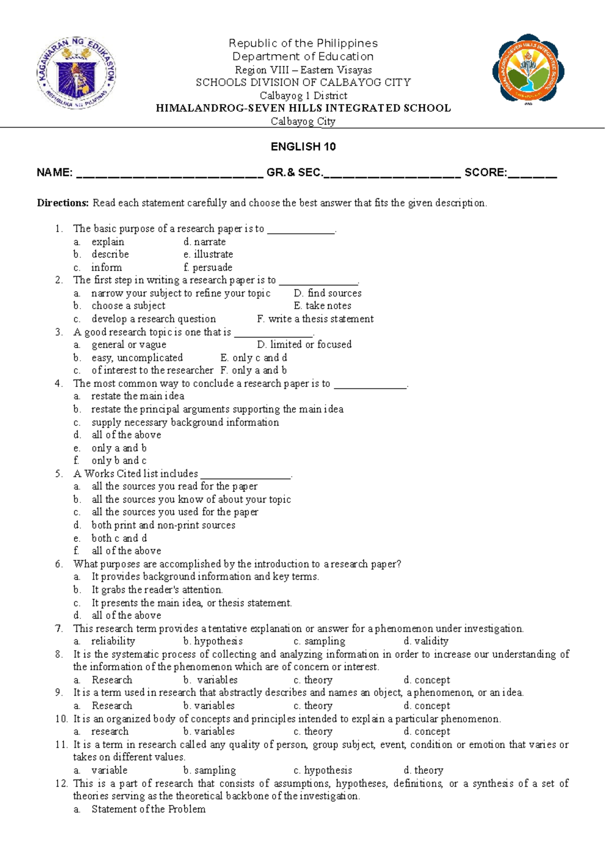 SUMQ4 G10 English - ththt - Republic of the Philippines Department of ...