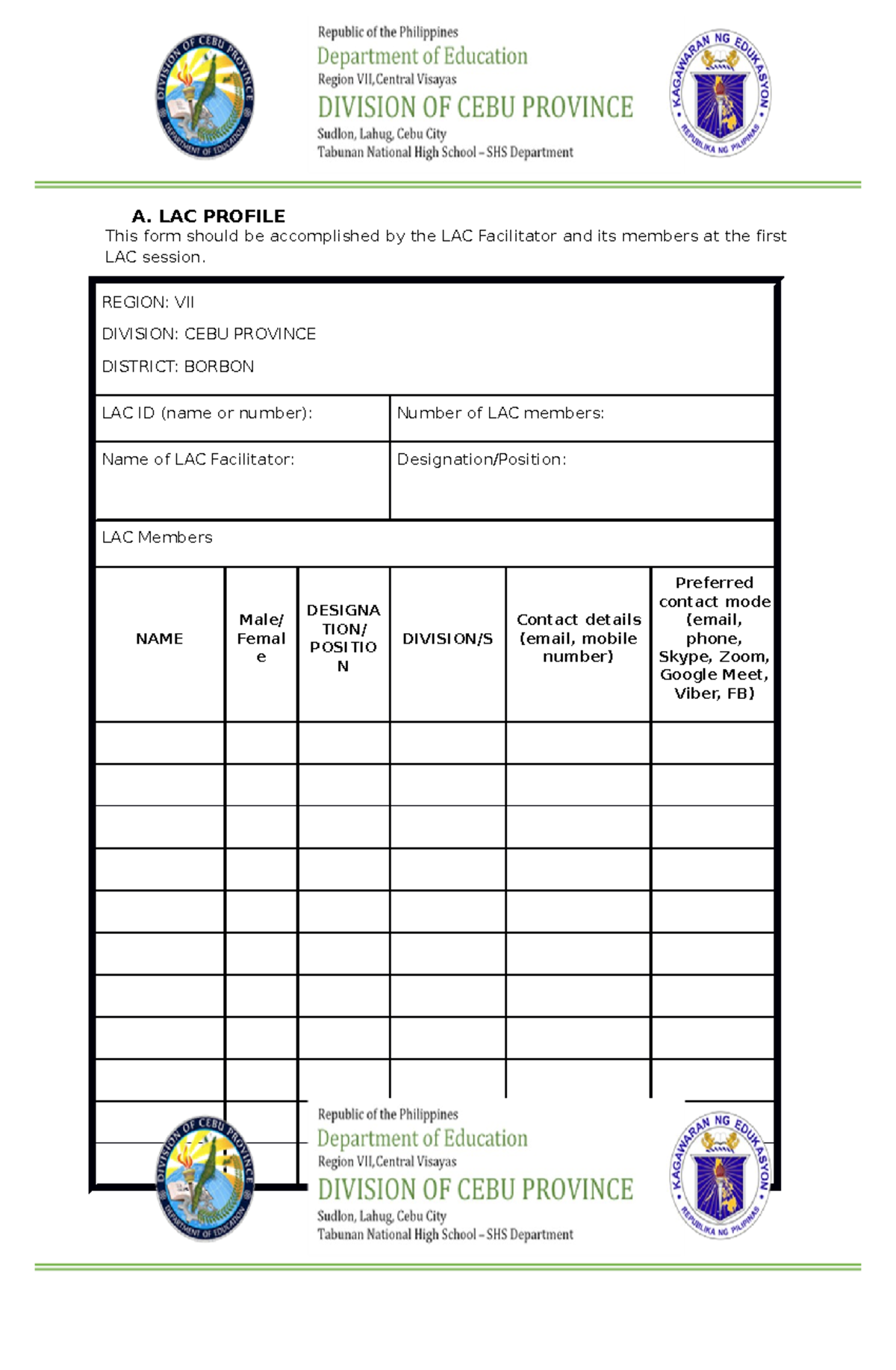SHS LAC Session - A. LAC PROFILE This form should be accomplished by ...