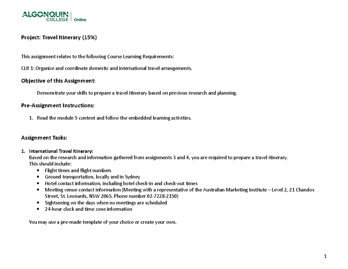 OFF2328 Project Travel Itinerary - Copy - Project: Travel Itinerary (15 ...