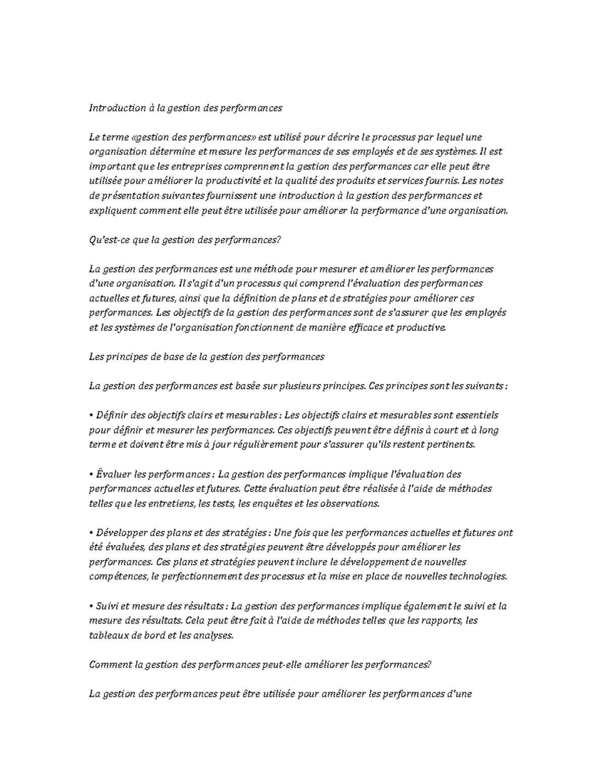 Performance Management Study Notes - Introduction à la gestion des ...