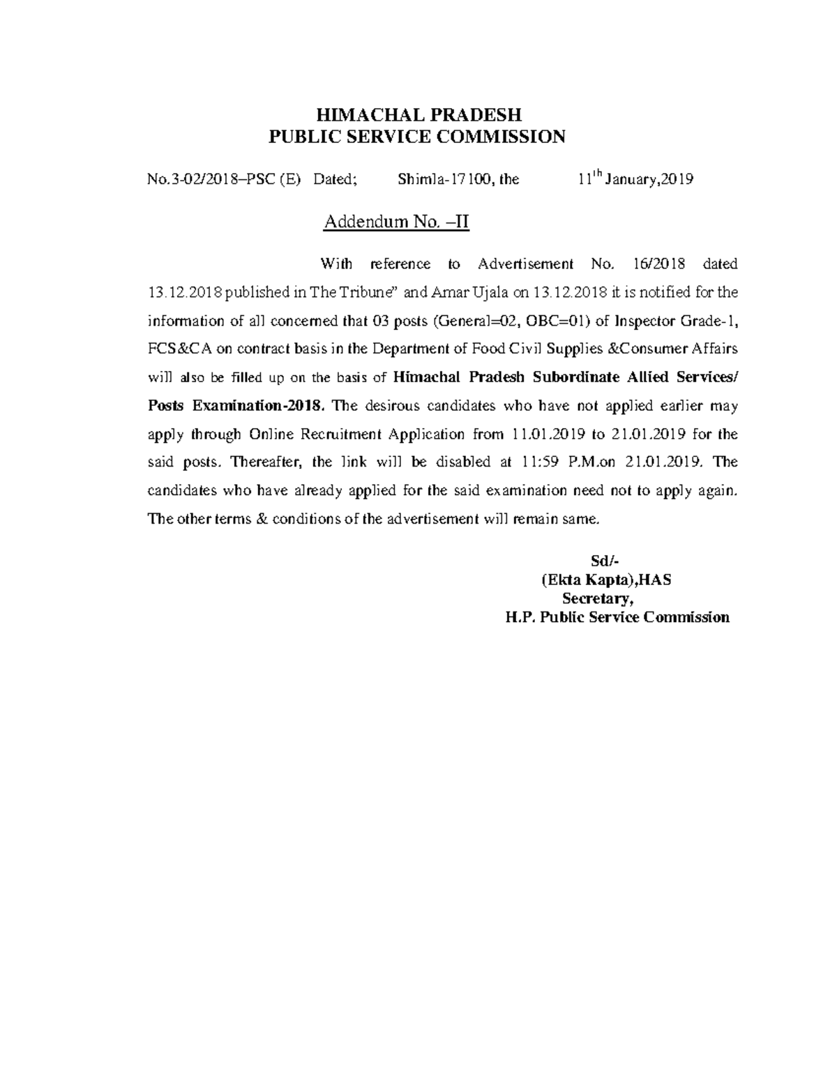 2019 1 Addendum - Advertisement No. 16-2018 (H.P. Subordinate Allied ...