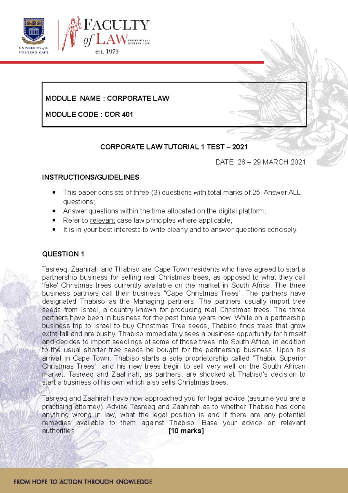Tutorial Test 1 2021 CORPORATE LAW 401 - MODULE NAME : CORPORATE LAW ...