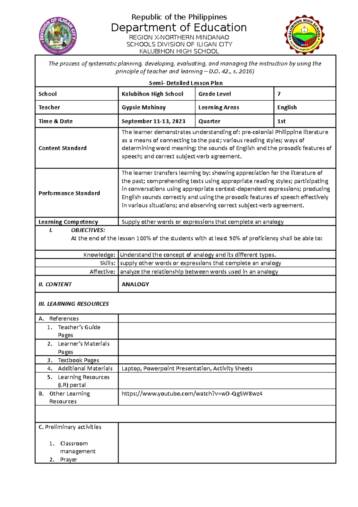 Lesson Plan in English 7-Analogy - Republic of the Philippines ...
