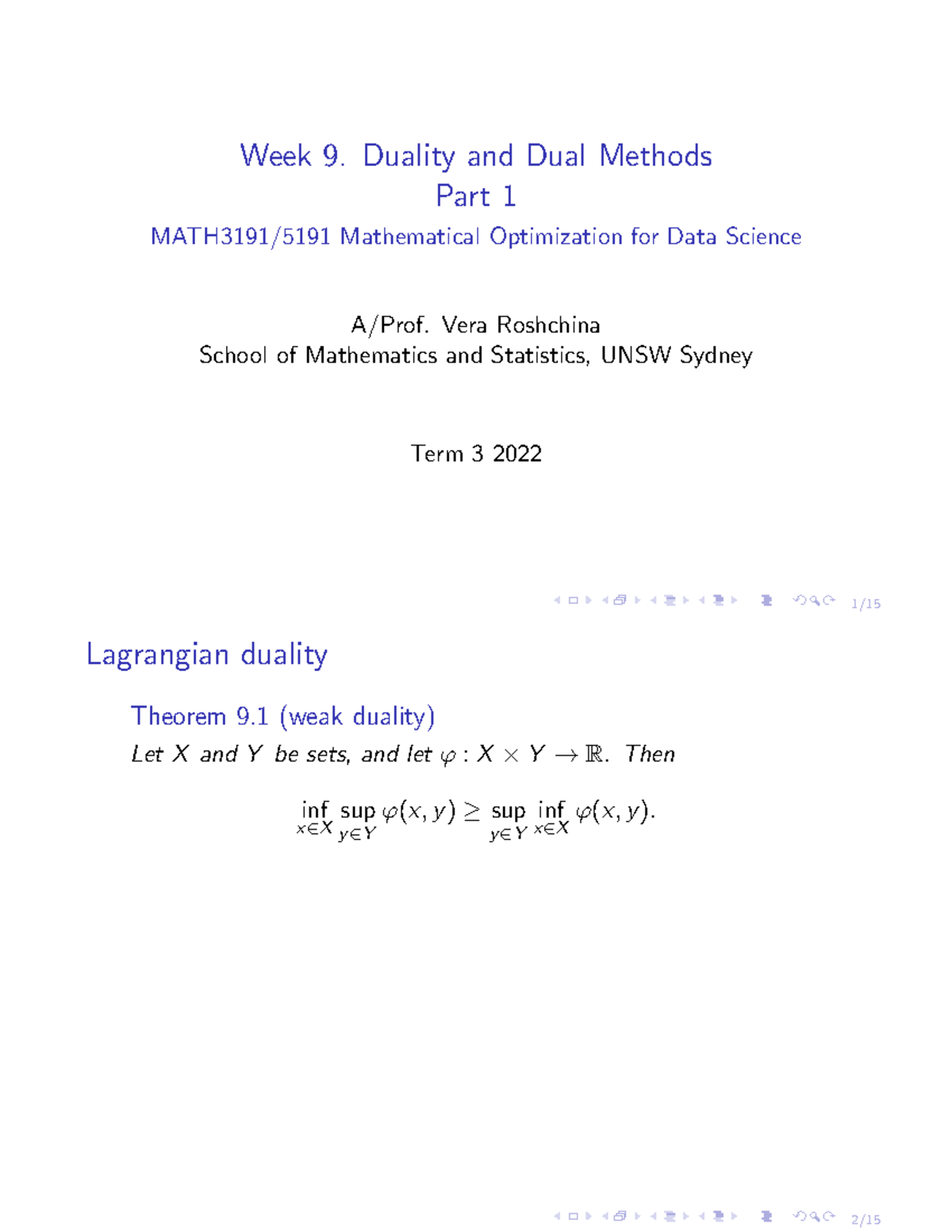 Week 9. Duality and Dual Methods Part 1 - MATH3191 5191 Mathematical Optimization for Data ...