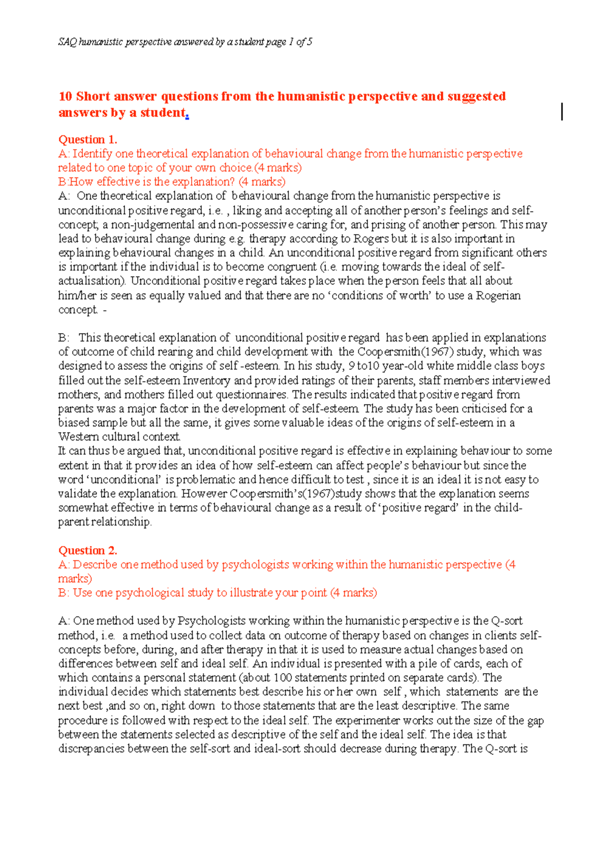 Humanistic SAQ - study - 10 Short answer questions from the humanistic ...