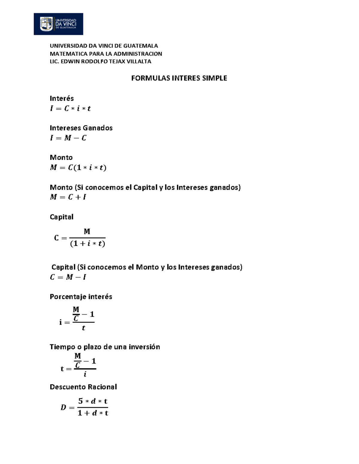 Formulas interes Simple y Compuesto y Otras - UNIVERSIDAD DA VINCI DE ...