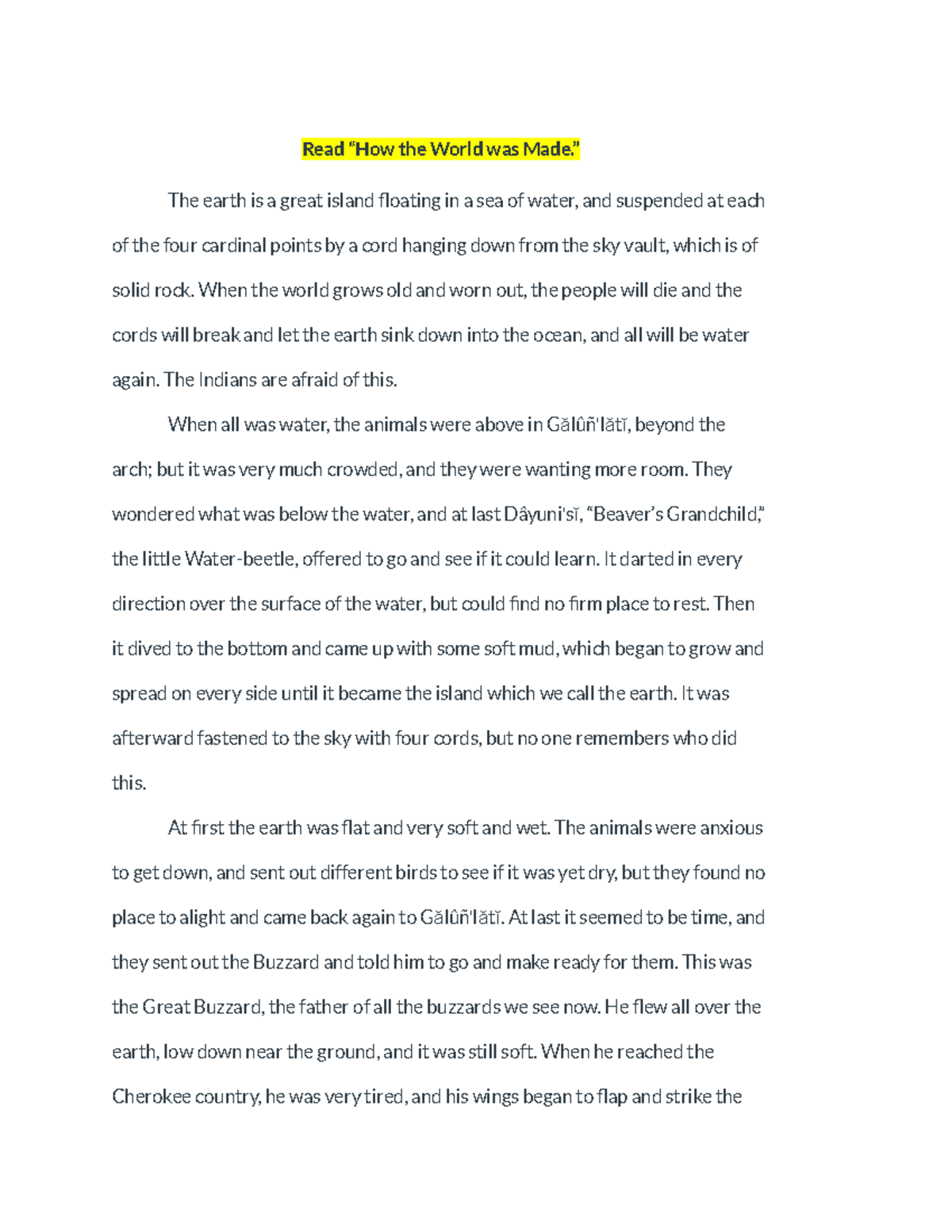 Cherokee Myth Response-1 - Read “How the World was Made.” The earth is ...