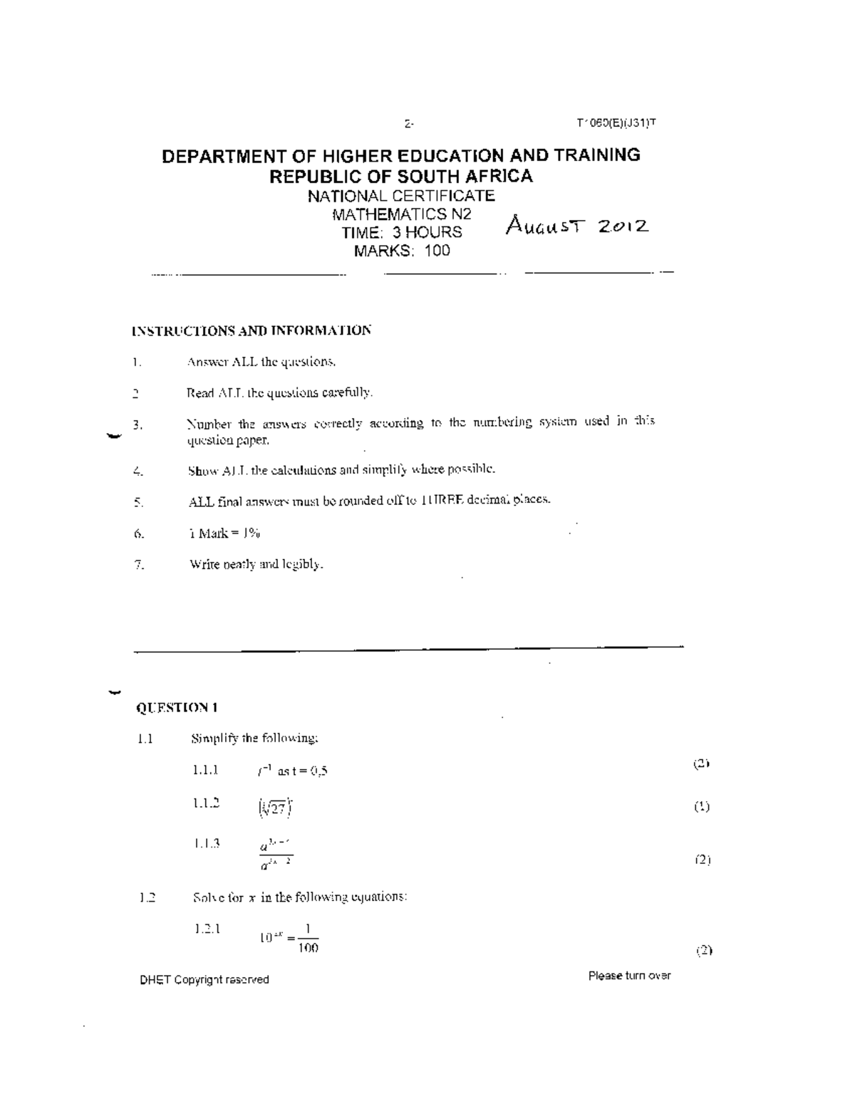 Mathematics N2 Aug 2012 - Mathematics for business - Studocu