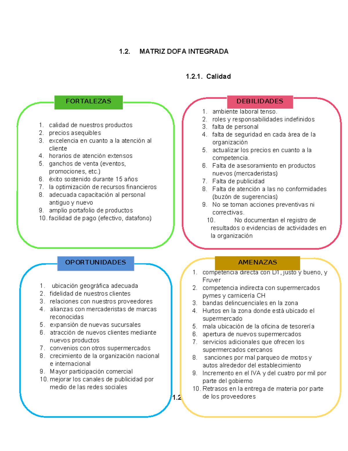 DOFA - 1. MATRIZ DOFA INTEGRADA 1.2. Calidad 1.2. Medio ambiente 1 ...