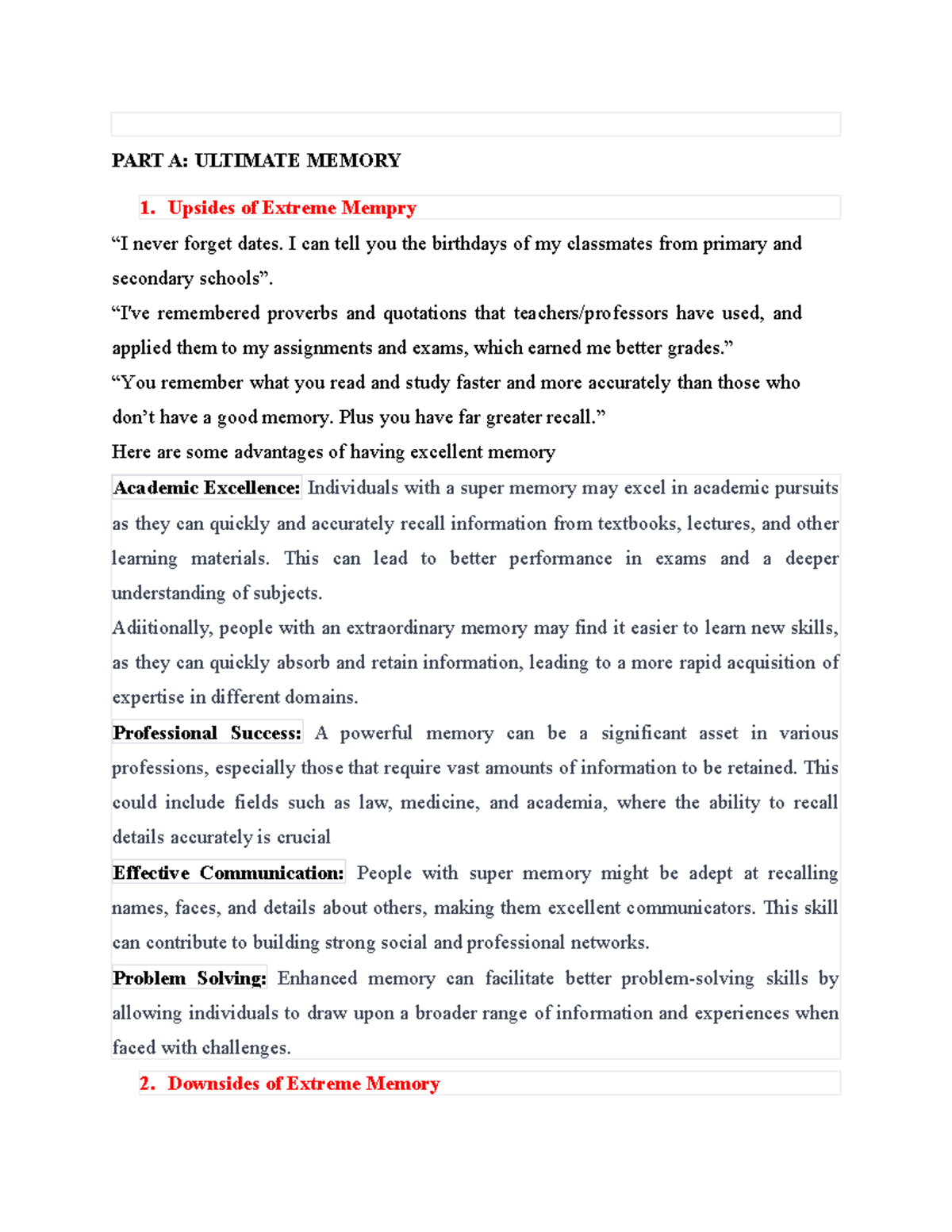 Extreme memory - Information - PART A: ULTIMATE MEMORY 1. Upsides of ...