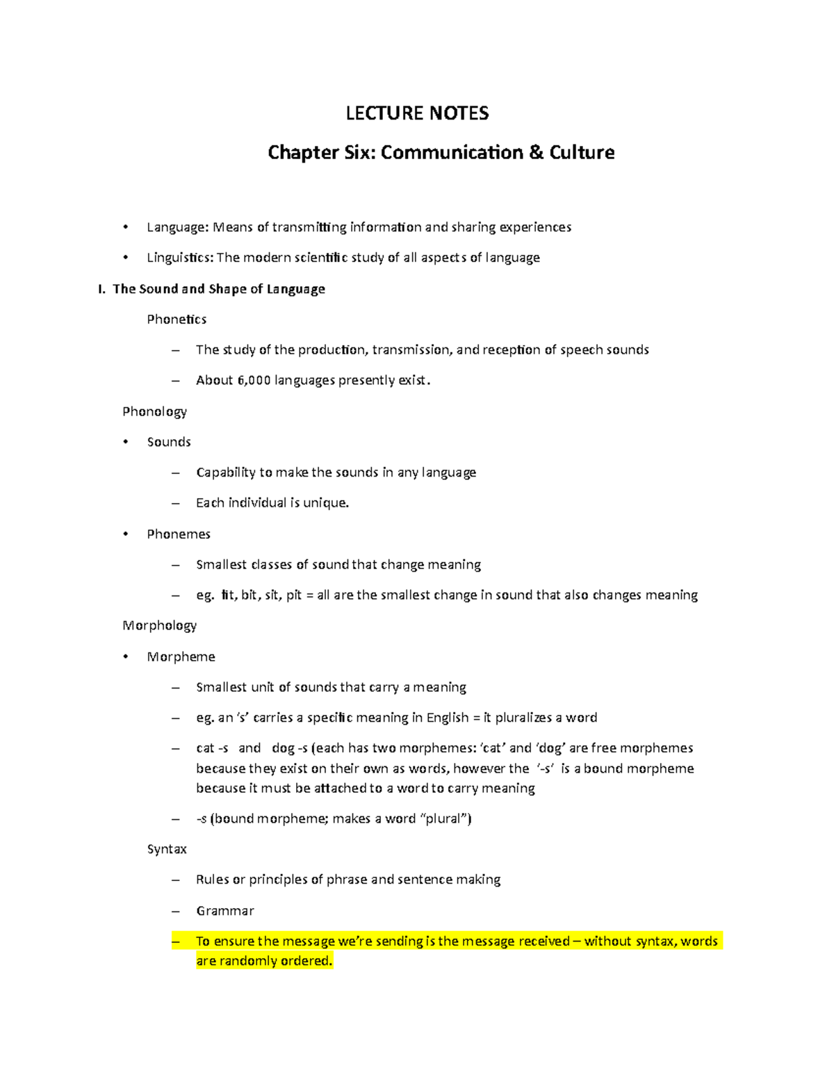 ANTH 1103 C6 ce Communication Lecture Notes - LECTURE NOTES Chapter Six ...