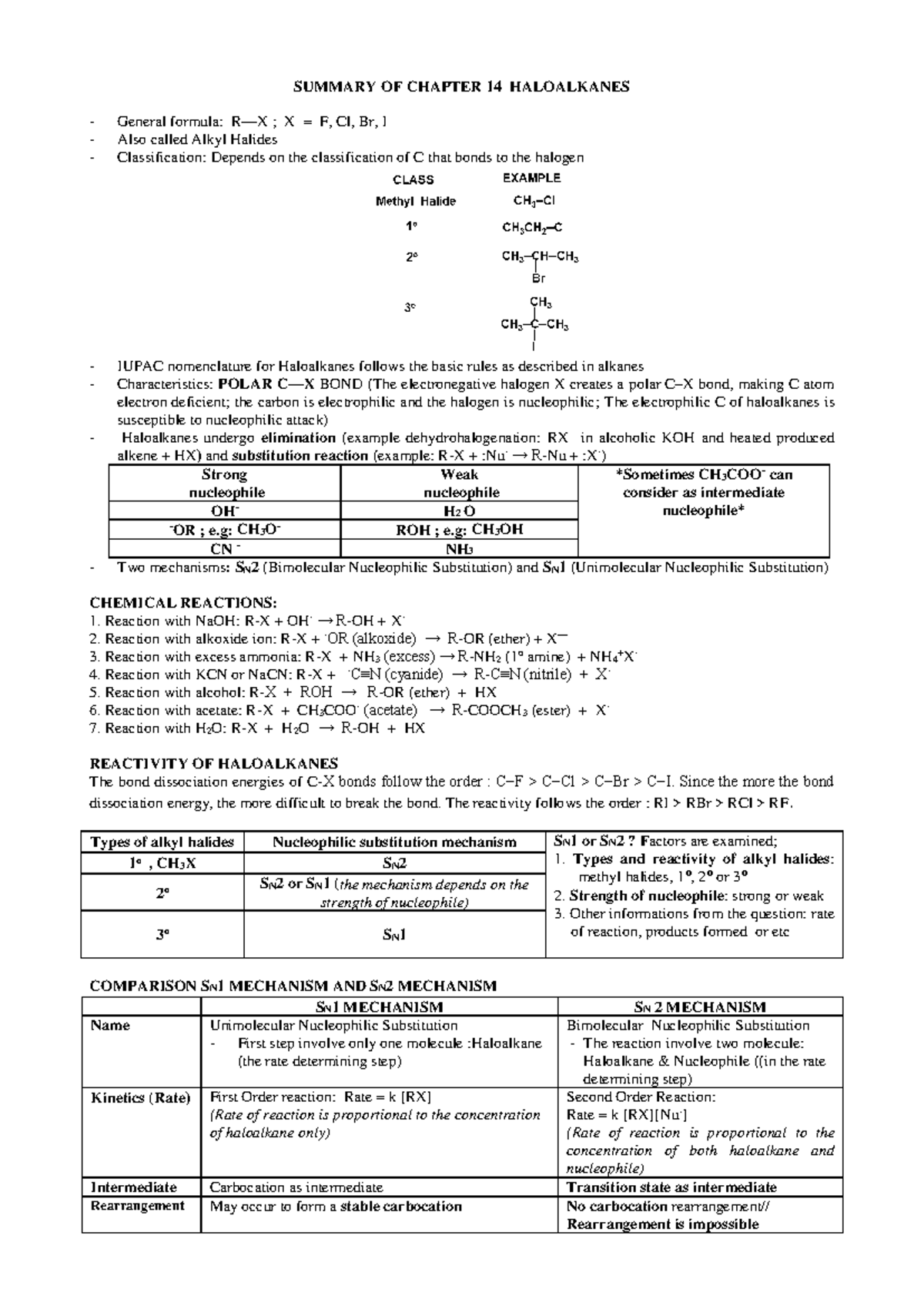SK025 Summary Chapter 7 Haloalkanes - SUMMARY OF CHAPTER 14 HALOALKANES ...