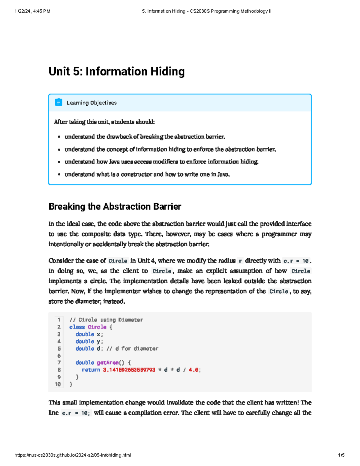 Unit 5 Information Hiding - Unit 5: Information Hiding After taking this unit, students should ...