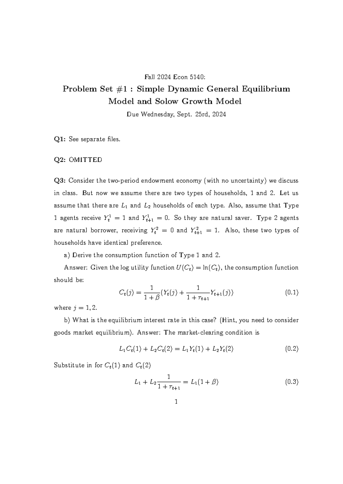 AS1Answer - answer to the 1st assignment - Fall 2024 Econ 5140: Problem Set #1 : Simple Dynamic ...