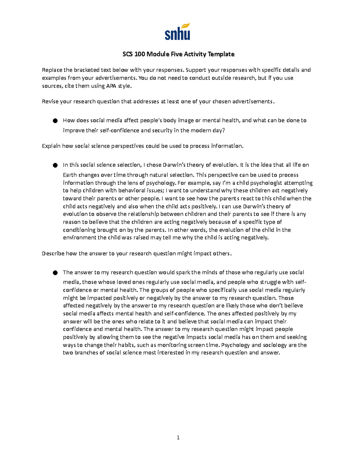 SCS 100 Module Five Activity Template - SCS 100 Module Five Activity Template Replace the ...