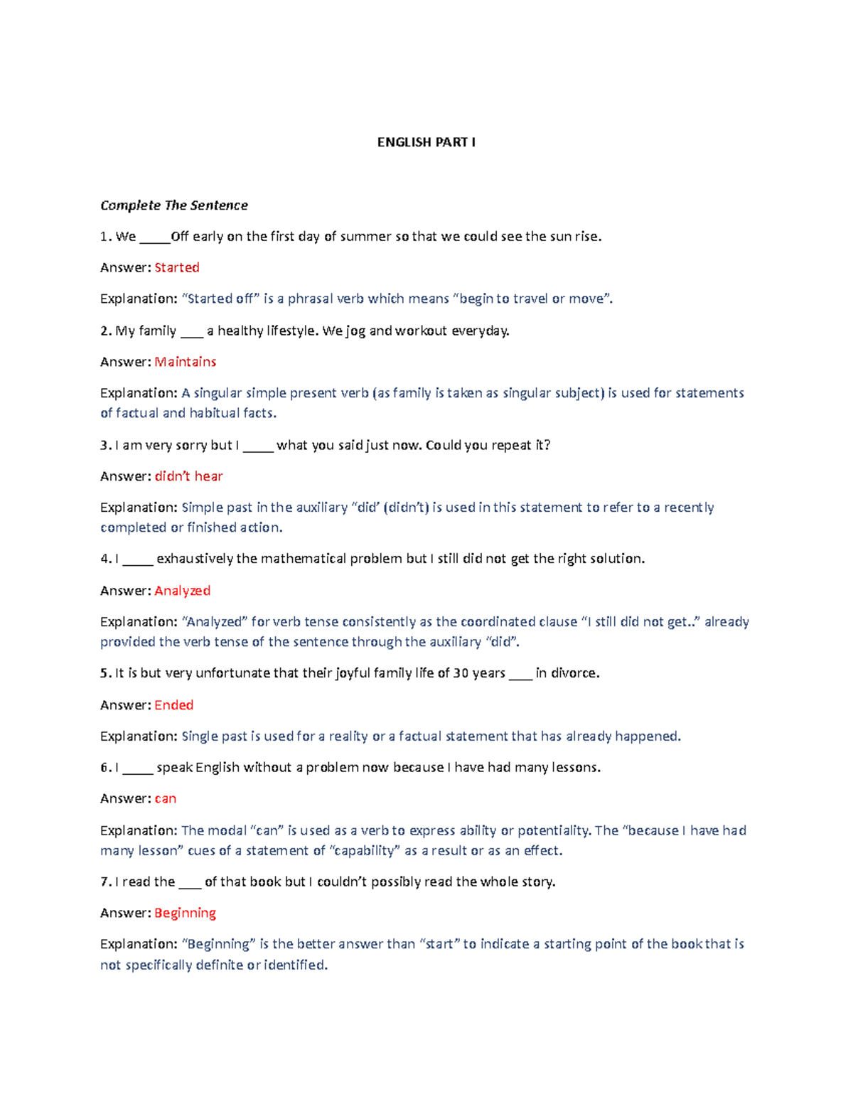 English PART I and II - Yyhhhh - ENGLISH PART I Complete The Sentence ...