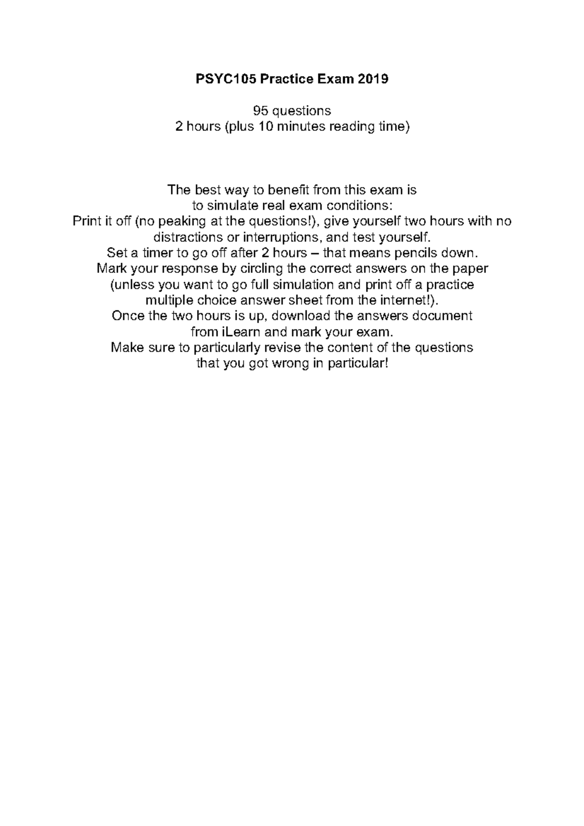 Sample/practice exam 2019, questions - Warning: TT: undefined function: 32 PSYC105 Practice Exam ...