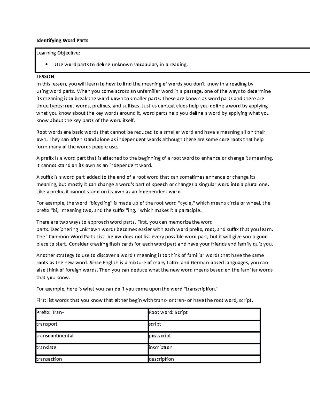 Words parts - Identifying Word Parts Learning Objective: Use word parts ...