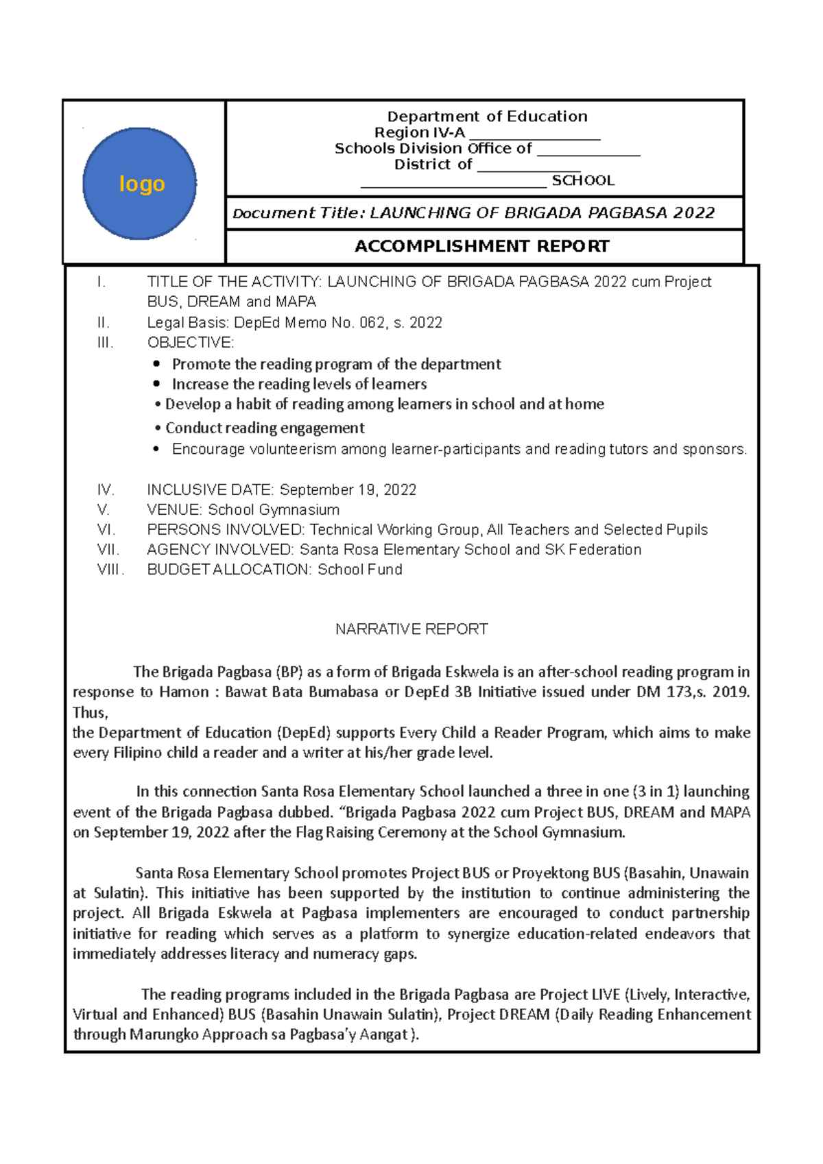 Accomplishment- Report Launching OF Brigada Pagbasa 2022 - Department ...