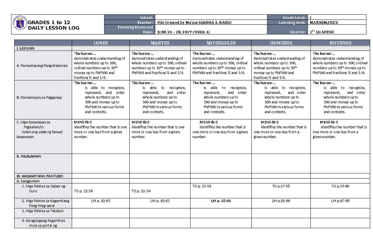 DLL Mathematics 1 Q1 Whg4 - GRADES 1 to 12 DAILY LESSON LOG School ...