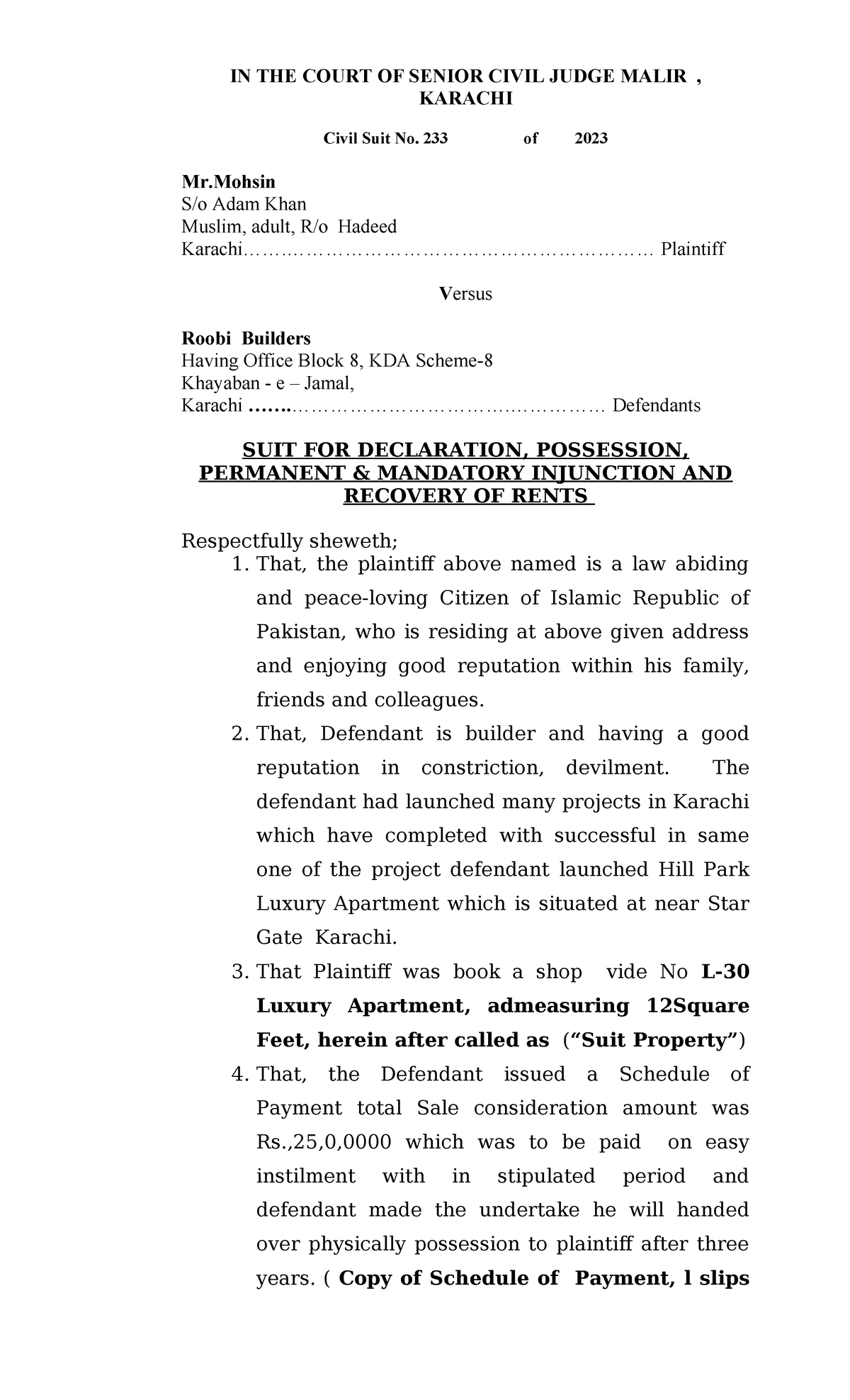 Assignment Plaint and civil suit - IN THE COURT OF SENIOR CIVIL JUDGE ...