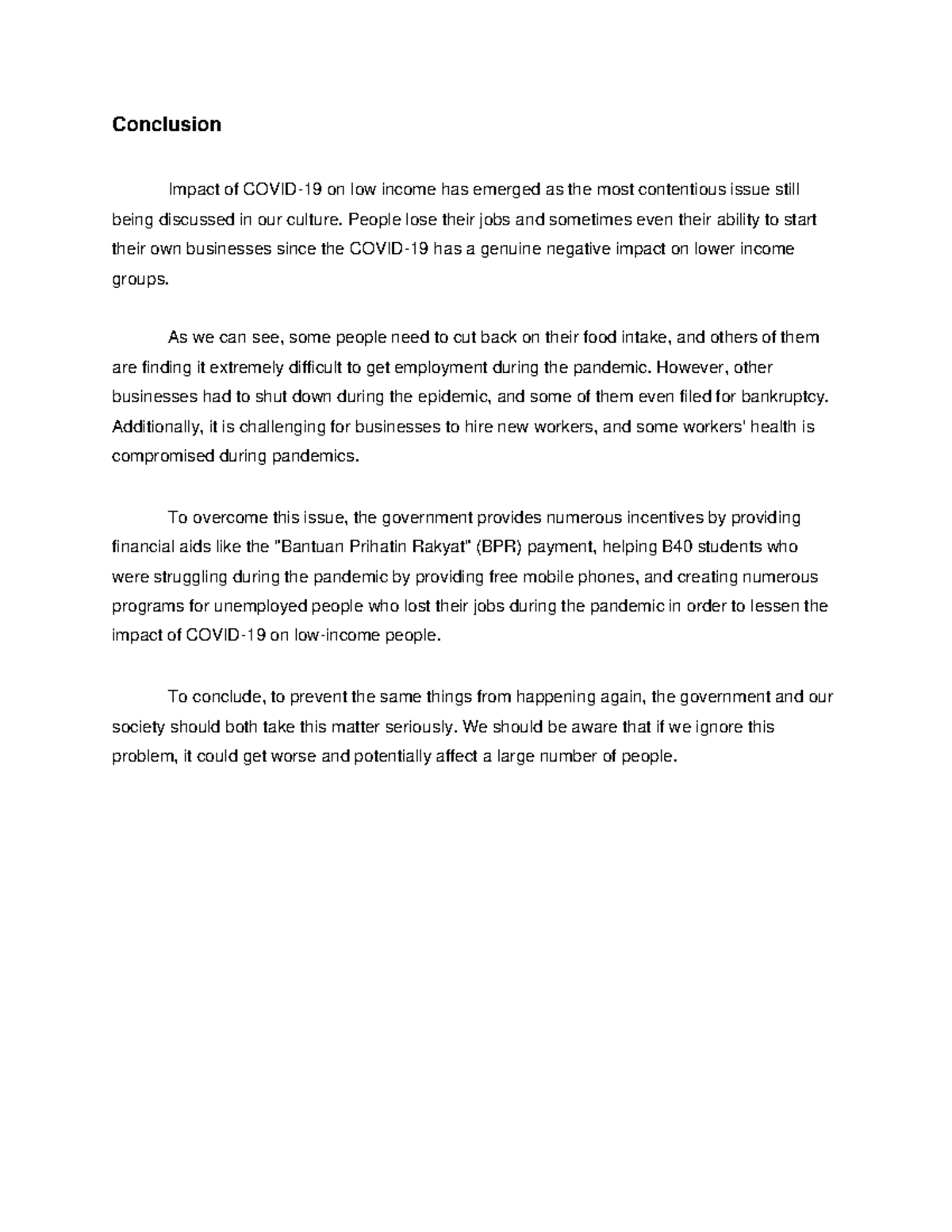 Conclusion - Conclusion Impact of COVID-19 on low income has emerged as ...