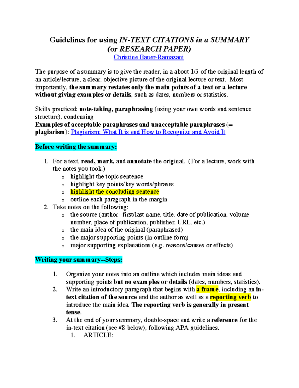 Guidelines for using IN-TEXT Citations in a Summary - Guidelines for ...